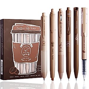 LSLSHY Cute Coffee Pens 5Pcs Gel Ink Pens Retractable Pens and 1Pcs Highlighter 0.5mm Fine Point Black Ink Kawaii Smooth Writing Pens for School Office Supplies Aesthetic Supplies Pens