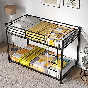 KOMFOTT Metal Low Bunk Bed Twin Over Twin, Heavy Duty Bunk Bed Frame with Ladder & Full-Length Guardrails, Metal Slatted Floor Bed Frame for Teens & Adults, No Box Spring Needed (Black)