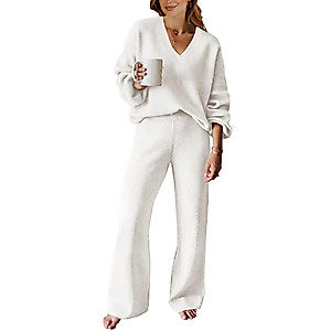 ANRABESS Women 2 Piece Outfits Sweater Lounge Sets Long Sleeve Cable Knit Pullover and Wide Leg Pants Tracksuit Matching Set White Large