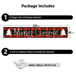 Large Merry Christmas Banner Xmas Outdoor Decorations Double Printed Green Red Buffalo Plaid Trees 120" x 20" Huge Yard Sign Holiday Party Supplies Backdrop Home Decor Ornaments for Garden House Fence Garage Indoor Gifts