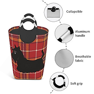 AMABCDET Collapsible Laundry Basket with Aluminum Handle, 50L Large Capacity Waterproof Red Plaid Black Scottish Terrier Pattern Dirty Clothes Hamper for Bedroom Bathroom Living Room