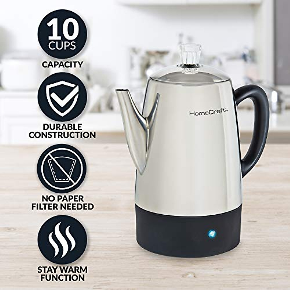 Homecraft HCPC10SS 10-Cup Stainless Steel Coffee Maker Percolator, Easy-Pour Spout, LED Indicator Light, Keep Warm Function