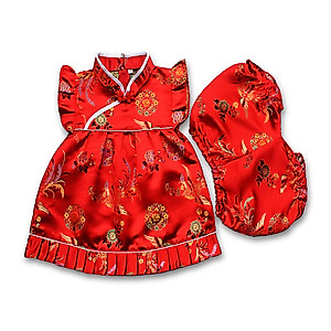 FANCYKIDS Girls Chinese New Years Traditional Qipao Cheongsam Dress Shorts Outfit Set (RedCircle, 6-12 Months)
