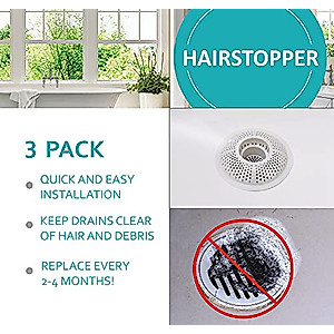 Hairstopper HS3-AMZ Evriholder Plastic Bathtub Drain Protector for Bathtubs & Showers, Pack of 3, White
