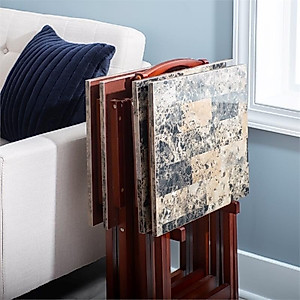 Pemberly Row 5 Piece Wood Folding Faux Marble Table Tray Set in Brown