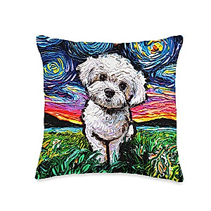 Sagittarius Gallery Maltipoo Starry Night White Maltese Poodle Dog Art by Aja Throw Pillow, 16x16, Multicolor