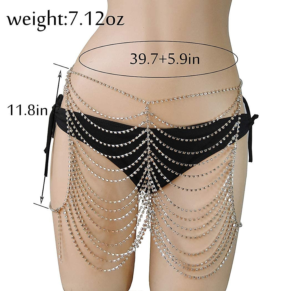 Bmirth Rhinestone Body Chain Silver Layered Waist Belly Chain Beach Harness Hip Body Jewelry for Women and Girls (Silver)