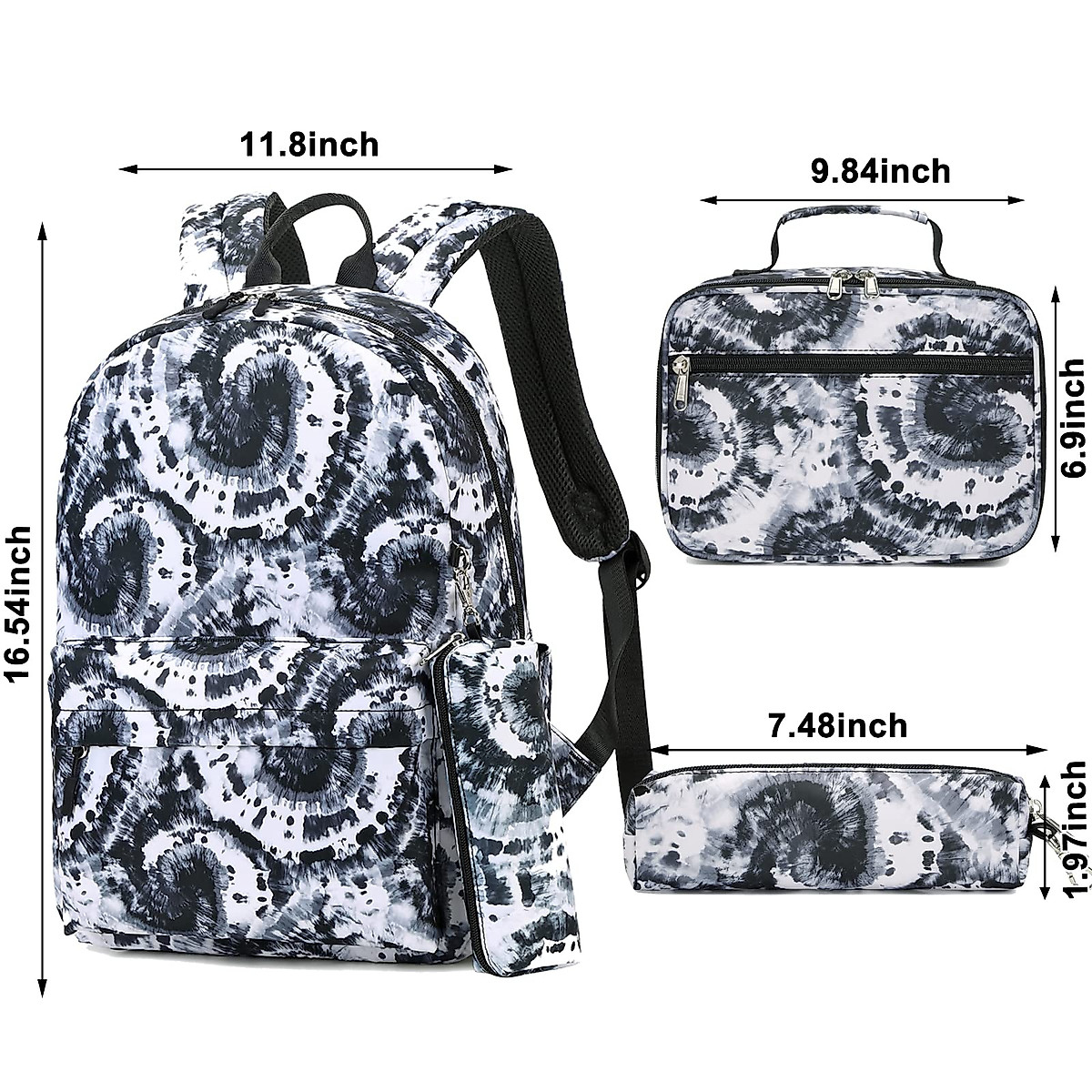 Joyfulife Girls Backpacks, Tie Dye Backpack for Girls Kids Bookbags School Backpack with Lunch Box (Tie Dye Black)