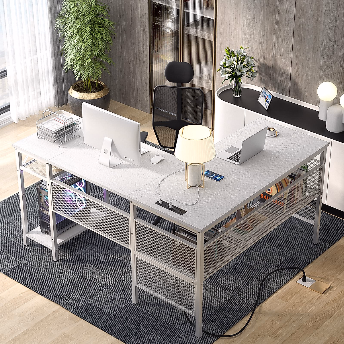 Unikito Magic Portable 4 Outlets L Shaped Desk, Reversible 55 Inch L-Shaped Computer Desk with Storage Shelf and USB Charging Port, Unique Grid Design, Large Gaming Corner Table for Home Office, White