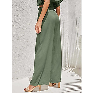 Sucolan Green Pants for Women Dressy Casual Wide Leg Pants High Waisted Business Work Pants Adjustable Tie Knot Loose Beach Flowy Palazzo Pants Sage Green L