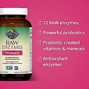 Garden of Life 22 Digestive Enzymes for Women with Bromelain, Papain, Lipase & Lactase Plus Probiotics & Vitamins B12, Biotin & Zinc – RAW Enzymes – Non-GMO, Gluten-Free, Vegetarian, 90 Capsules