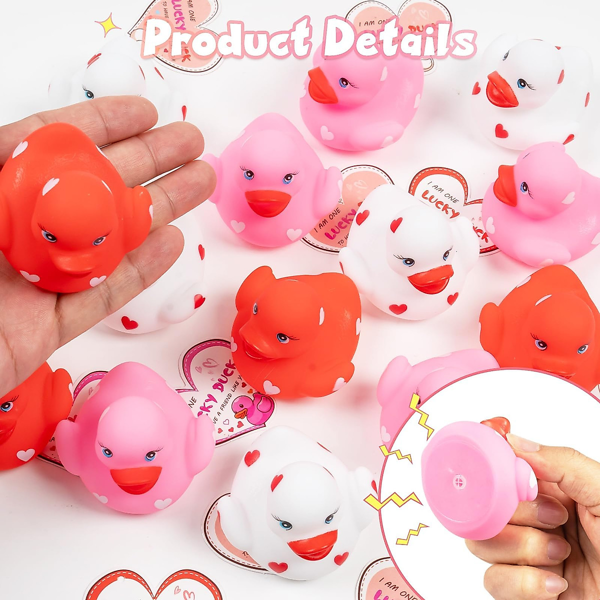 kockuu 20pcs Rubber Ducks with Cards Gift Valentines Day Party Favors Small 2.36” Assorted Pink Red White Squeaky Duckies in Bulk with Love Heart Cards Treats Giveaways for Kids Cupcake Topper