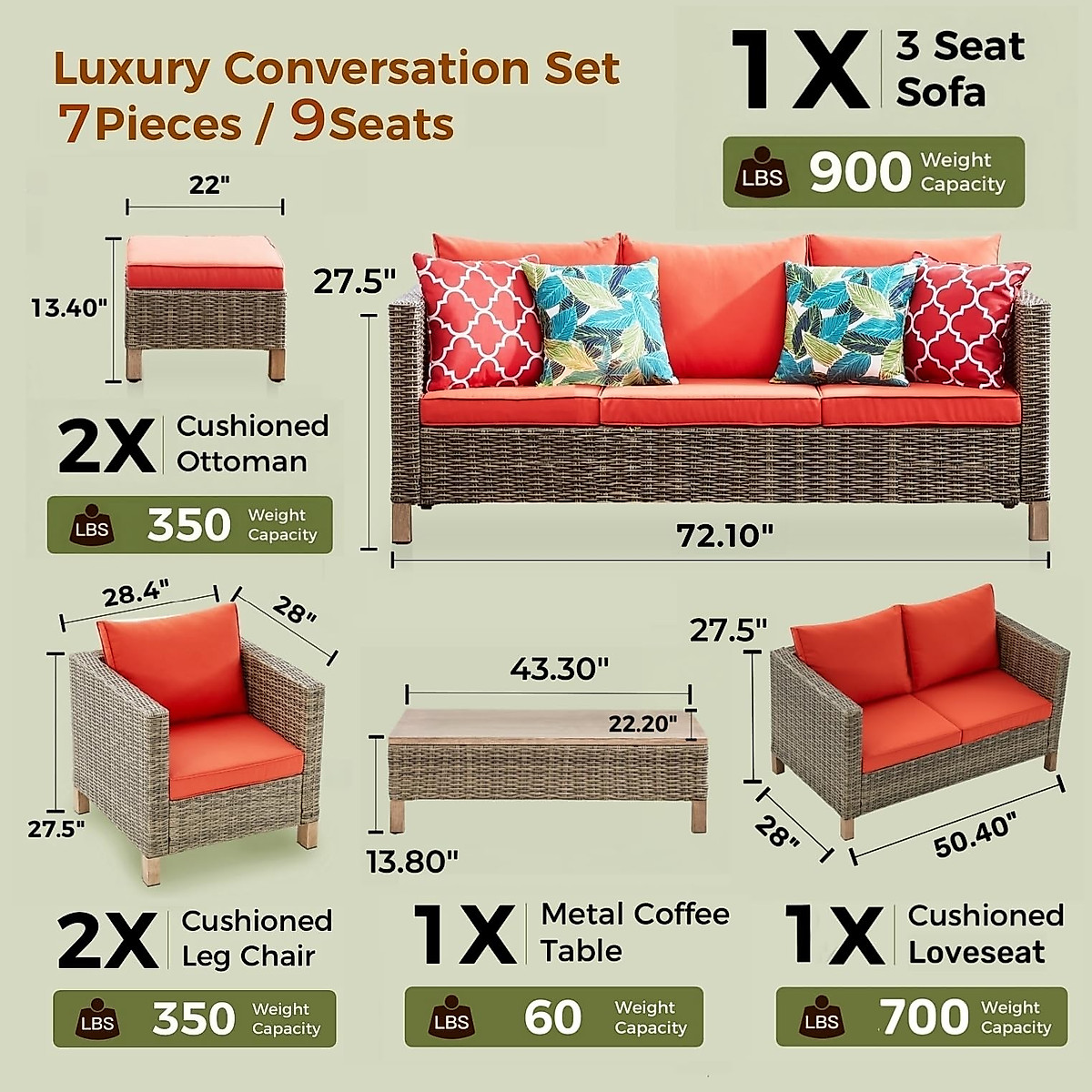 Summax 7 Pieces Sectional Sofa with Metal Top Coffee Table, Hand Woven Wicker Rattan Conversation Set, Outdoor Furniture for Poolside, Garden, Porch PE Rattan Sofa Set (Orange Red)