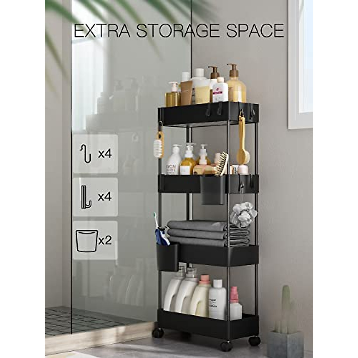 Pipishell Slim Storage Cart with Wheels, 4 Tier Bathroom Storage Organizer Rolling Utility Cart for Bathroom Kitchen Laundry Room Office Narrow Place (Black)