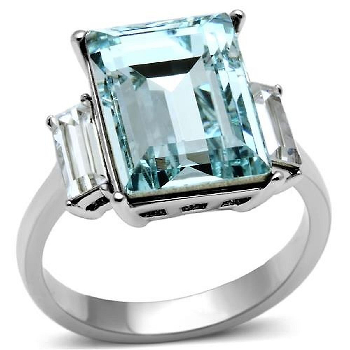 Nationalonlinediscounts Emerald Cut Rectangle Aqua Sea Blue Aquamarine Topaz CZ Stainless Steel Ring Sizes 5,6,7,8,9 & 10 (5)