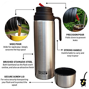 Gaucho Bruno - Stainless Steel Thermal Mate for Drinking Yerba Mate, Bombilla Straw and 1 litre Flask with Pouring Spout | Easy to Clean | Comfortable to Hold | Maintains drink temperature