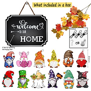 16 Inch Seasonal Welcome Sign Wreaths for Front Door with 12 Holiday Gnomes Interchangeable,Fall Decor Hanging Porch Door Signs,DIY Long Maple Garland (Black)
