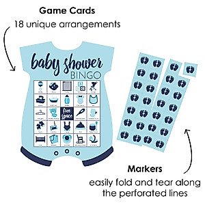 Big Dot of Happiness Baby Boy - Picture Bingo Cards and Markers - Blue Baby Shower Shaped Bingo Game - Set of 18