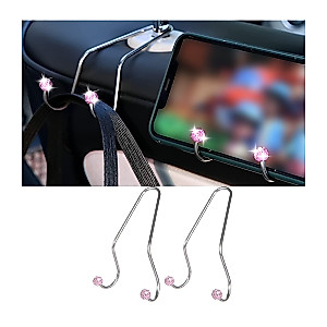 AUCELI 2PCS Bling Car Headrest Hooks, Rhinestones Car Back Seat Headrest Organizer, Diamond Auto Backseat Hanger Storage Holder for Bag Purse Clothes Grocery, Universal for SUV Truck (Pink)