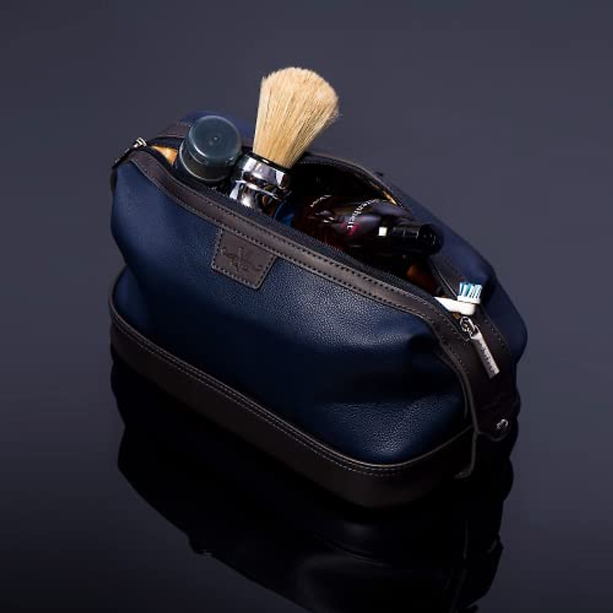 Vetell Leo Large Leather Men's Travel Toiletry and Shaving Case Bag with Upper and Lower Zippered Compartments, 3 Interior Loops and Carrying Handles