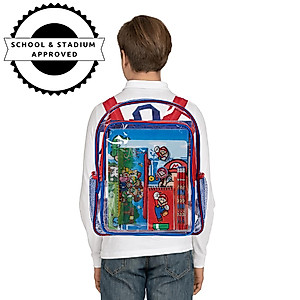 Large Clear Backpack for Kids with Super Mario Bros School Supplies Set, 16 inch Stadium Approved Transparent Bag, Red and Blue