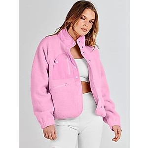 ANRABESS Womens Fuzzy Fleece Jacket Fall Casual Long Sleeve Cropped Sherpa Button Down Shacket Coats Outwear With Pockets Pink Large