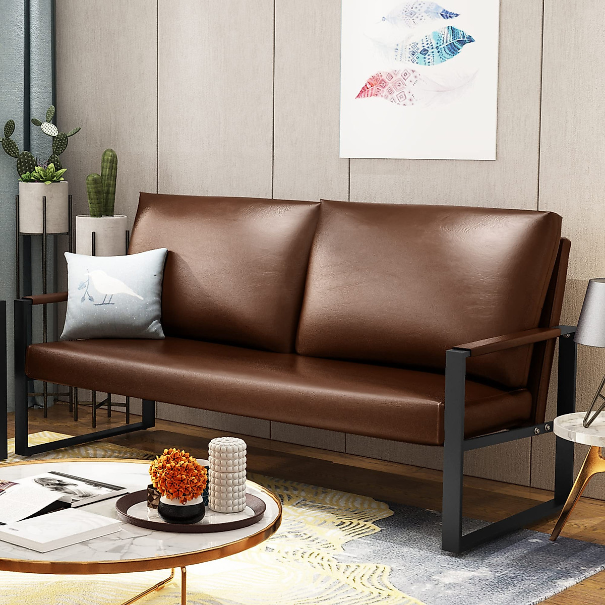 AWQM PU Leather Loveseat Set of 2, Accent Chair Middle Age Couch Upholstered Sofa with Removable Cushions and Armrest Velcro for Mini Lounge Home & Office, Chocolate