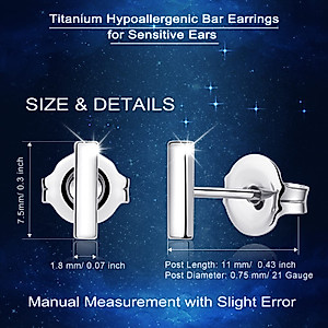 VGACETI Titanium Earrings, Hypoallergenic Bar Stud Earrings for Sensitive Ears Women Men, Premium High Polished (Shiny Grey Bar)