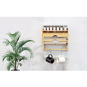 Foil and Plastic Wrap Organizer, Bamboo Aluminum Foil Dispenser with Paper Towel Holder, Compatible with Foil, Wax Paper, Kitchen Paper Towel and Spice Jars