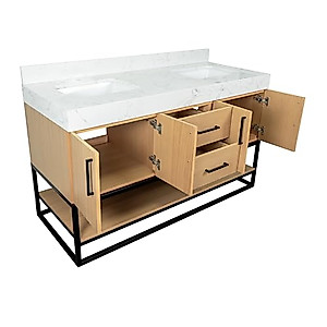 Kitchen Bath Collection Ellis 60-inch Double Bathroom Vanity (Engineered Marble/Blonde): Includes Blonde Cabinet with Engineered Marble Countertop and White Ceramic Sinks