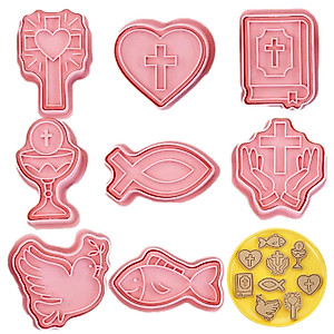 Kumprohu Christian Cookie Cutters,First Communion Christening Biscuit Molds - Chalice, Jesus Fish, Holy Cross, , Fancy Cross Biscuit Cutters for First Communion