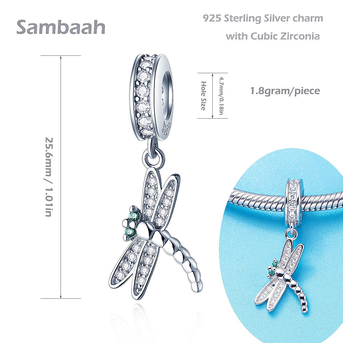 Sambaah Dragonfly Charm Sterling Silver Lucky Dragonfly Charm Pendant Insect Charm Platinum Plating with Cubic Zirconia for Women Bracelets Necklaces