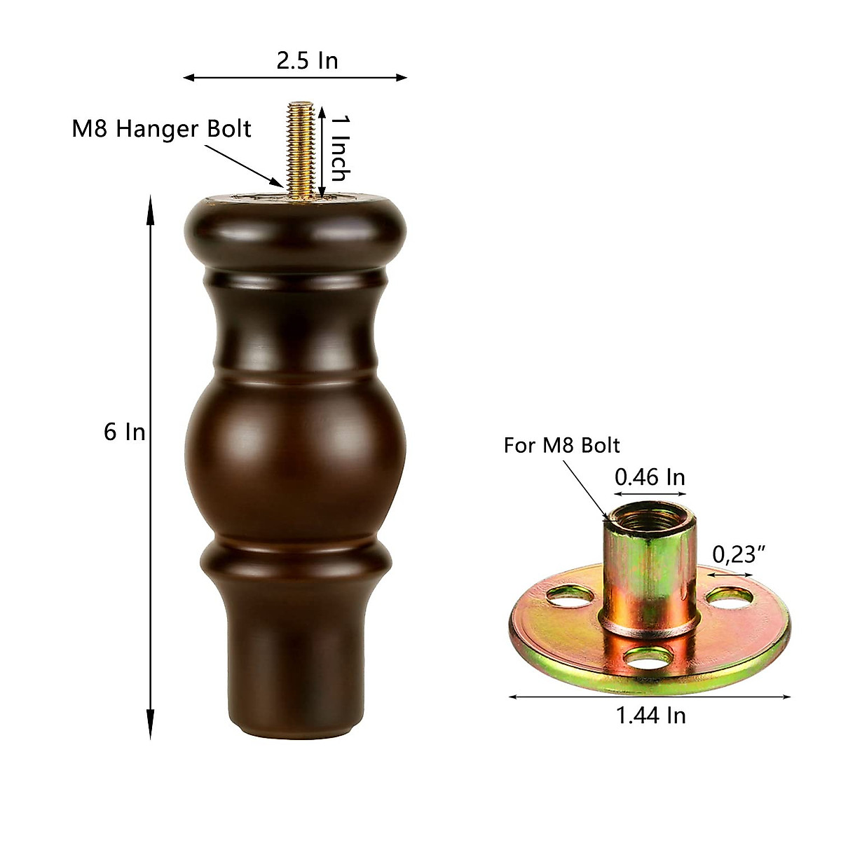 Maricome 6 Inch Wood Sofa Legs Walnut Turned Round Bun Wooden Furniture Legs Set of 4