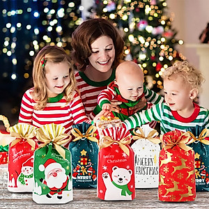 Heniho 60pcs Christmas Treats Bags, 4”x 6” Drawstring Candy Cookie Bags Gift Party Favors