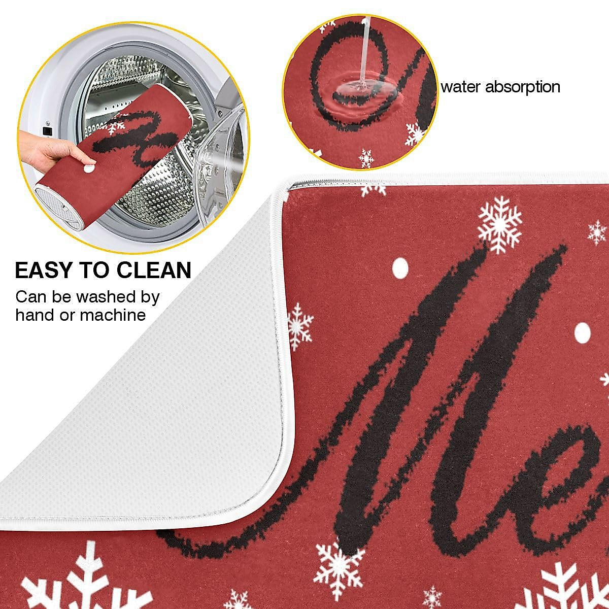 Merry Christmas Red Dish Drying Mat for Kitchen Winter Snowflake White Microfiber Drying Mats Absorbent Reversible Dish Pad Large Dish Draining Mat 18x24 inch