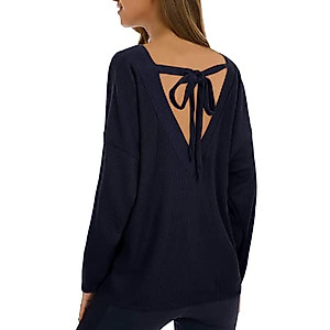 OUGES Womens Tie Back Knit Tops V Neck Long Sleeve Casual Sweater Pullover（Navy,M）
