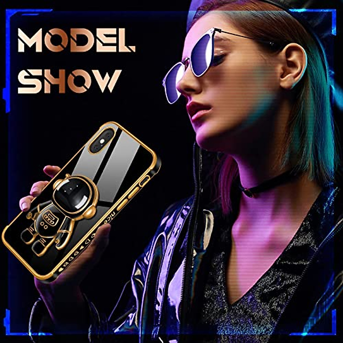 Coralogo for iPhone XR Case Astronaut Cute for Women Girls Girly Unique Black Phone Cases with Astronaut Hidden Stand Kickstand 6D Design Cover for iPhone XR 6.1 inch