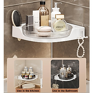 KOUHTIKA 360 Rotating Makeup Organizer Corner Spinning Bathroom Organizer 1 Pack Corner Shower Rack with Hooks for Perfume Lotion Skincare Organizer Countertop Kitchen Storage(Clear)