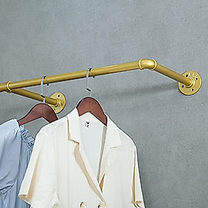 CIVANA Industrial Pipe Clothing Rack Wall Mounted Garment Hanging Bar Retail Display Rack with 3 Tiers Wood Vintage Multi-Purpose Clothes Storage Hanger(Glod, 110'' L)