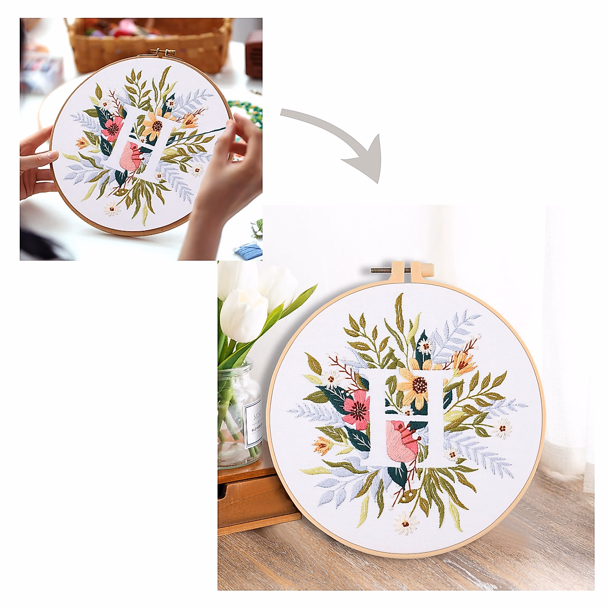 Silentsea Embroidery kit, 3 Sets of Floral Patterns for Beginners, with Hoops, Embroidery Cloth, Needles, Embroidery Thread and Other Tools