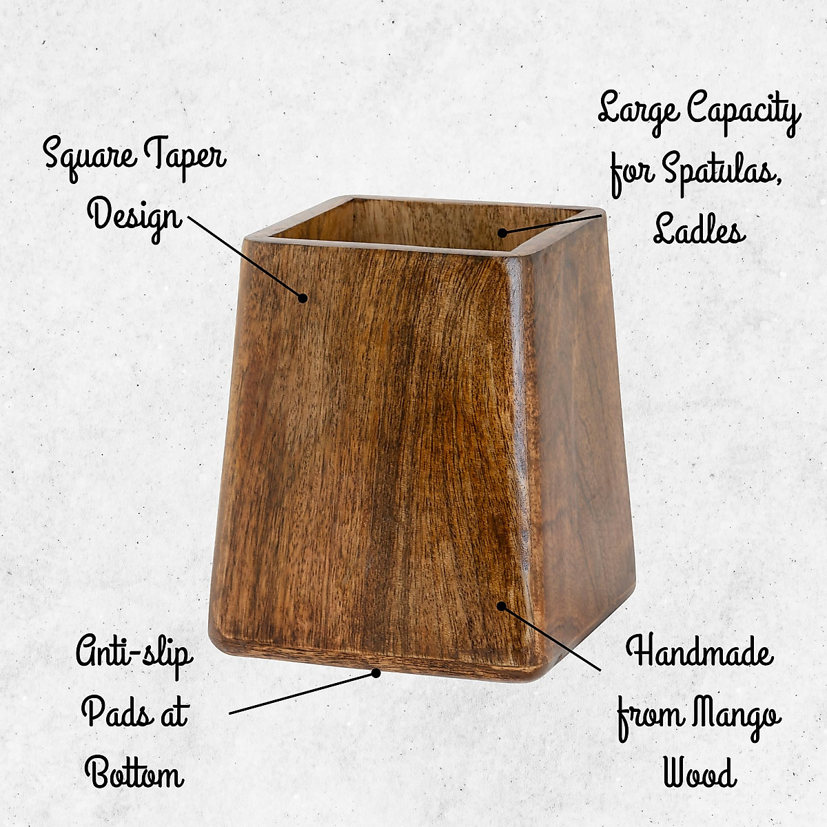 Mie Creations Rustic 7'' Large Utensil Holder Crock for Kitchen Countertop | Thanksgiving Christmas Utensils Crock, Wooden Square Spatula Organizer Caddy for Party, Cooking Counter Decor- Dark Brown