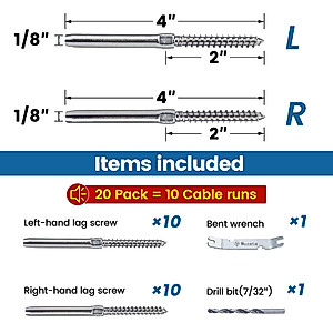 Muzata 20Pack 1/8" Swage Lag Screws Left & Right Cable Railing Hardware Kit Handed Thread for Wood Post T316 Stainless Steel Stair Deck WoodBudget System 10 Pairs CK17