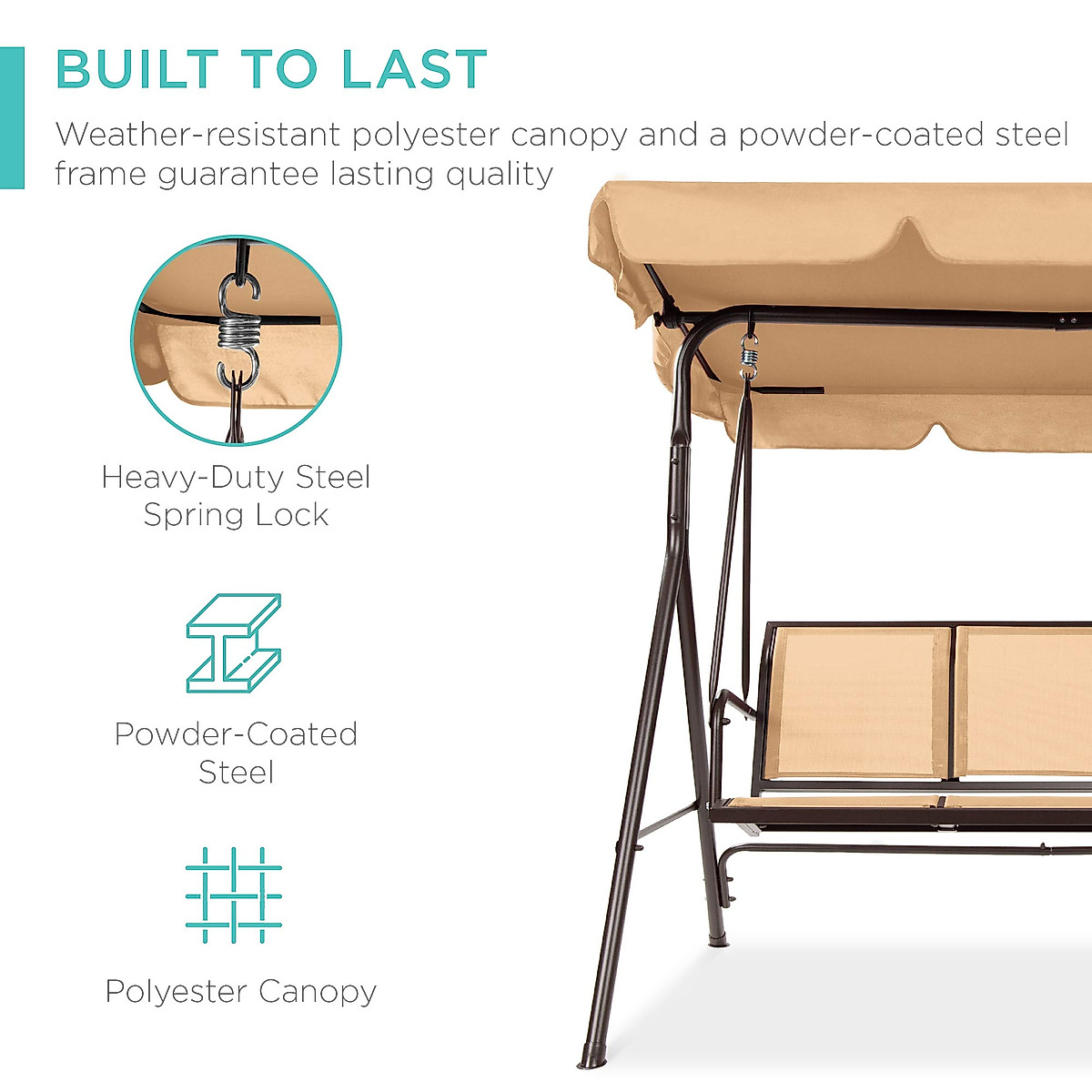 Best Choice Products 2-Seater Outdoor Adjustable Canopy Swing Glider, Patio Loveseat Bench for Deck, Porch w/Armrests, Textilene Fabric, Steel Frame - Tan