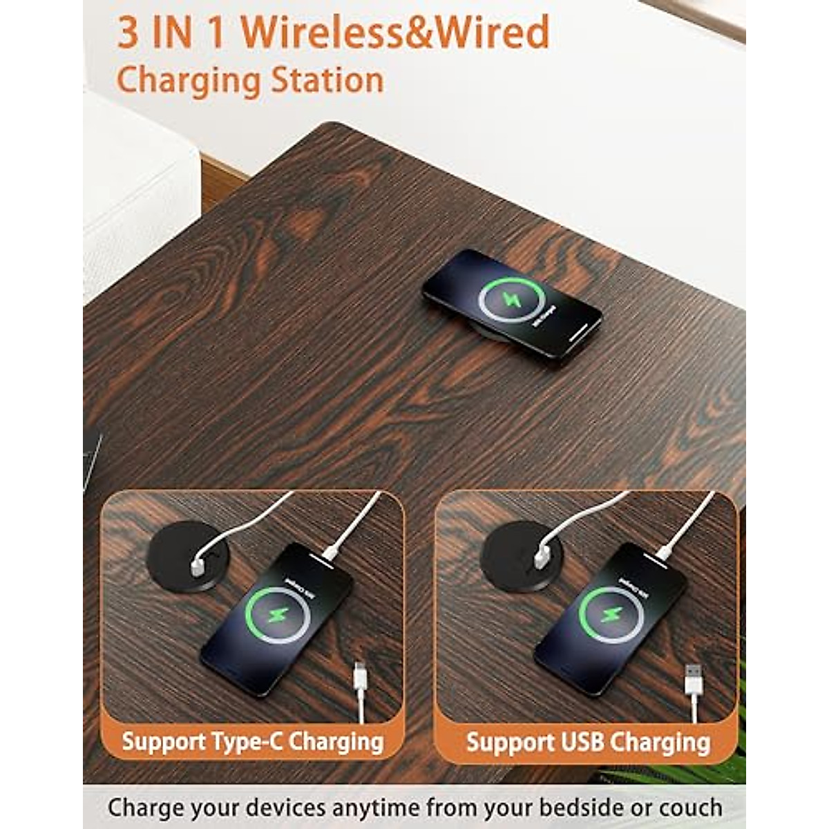 Piskyet Dog Crate Furniture,Wooden Dog Crate End Table with Storage Drawer&Cushion&Tray, QC3.0 Wireless Charging,Dual USB,Medium Dogs Rustic Style