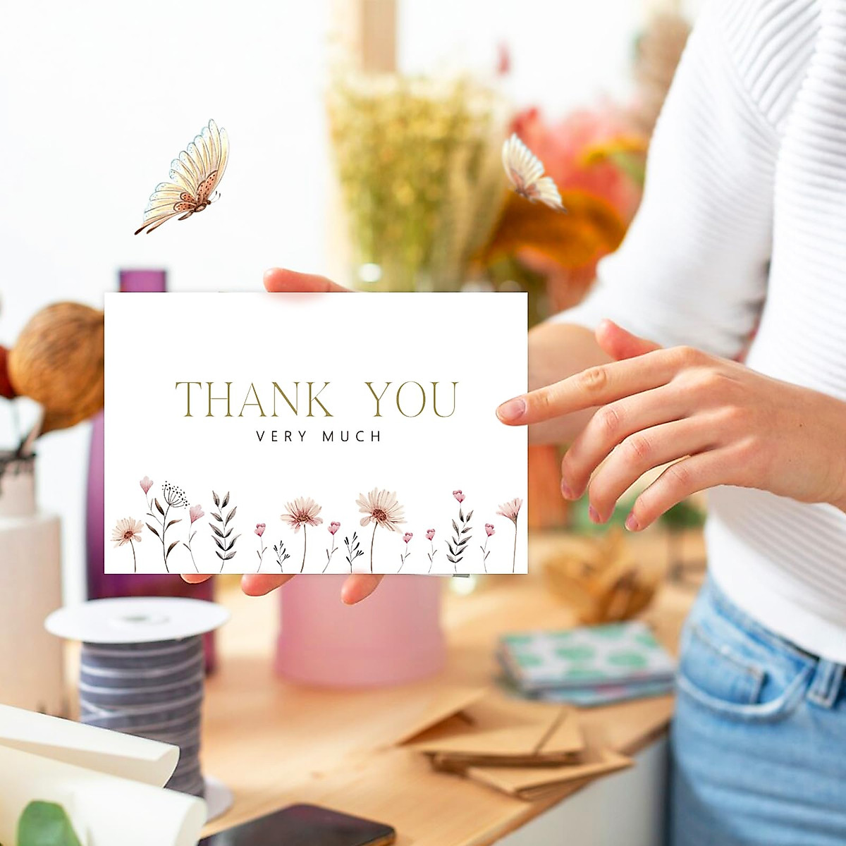 Minzerus Floral Thank You Cards With Envelopes - Bulk 24 Pack Flower Greeting Cards with Kraft Envelopes and Floral Stickers - for Birthday Wedding Baby Shower Bridal Shower, 4 x 6 Inch