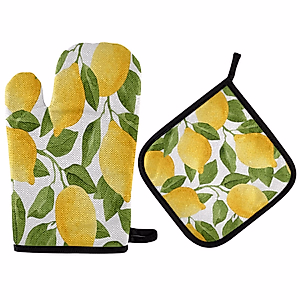ALAZA Summer Lemon Fruit Leaves Watercolor Oven Mitt and Pot Holder Set Heat Resistant Kitchen Glove for Cooking Baking Grilling Barbecue