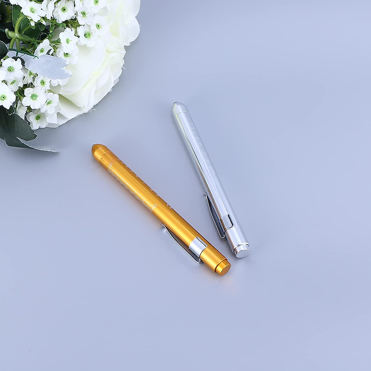 2pcs Penlight with Pupil Gauge, LED Penlight for Nurses, Reusable Medical Pen Light with Pupil Gauge and Ruler for Student Doctors, Yellow+ Silver