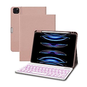 iPad Air 5th/4th Generation Keyboard Case 2022/2020, iPad Pro 11 1st/2nd/3rd 2018/2020/2021 10.9 inch Case with Keyboard & Pencil Holder, Removable 7 Colors Backlit Bluetooth Wireless Keyboard (Pink)