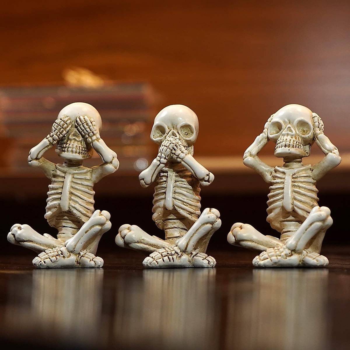 OwMell Set of 3 Skeletons Statue, Yoga Skull Figurine, Hear See Speak No Evil Statue Figurine, Halloween Gothic Home Decor - No Evil