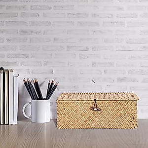 Yuehuamech Woven Storage Basket with Lid Natural Seagrass Organizer Box Rectangular Shelf Basket Bins Rattan Wicker Storage Case for Clothes Makeup Jewellery (S)